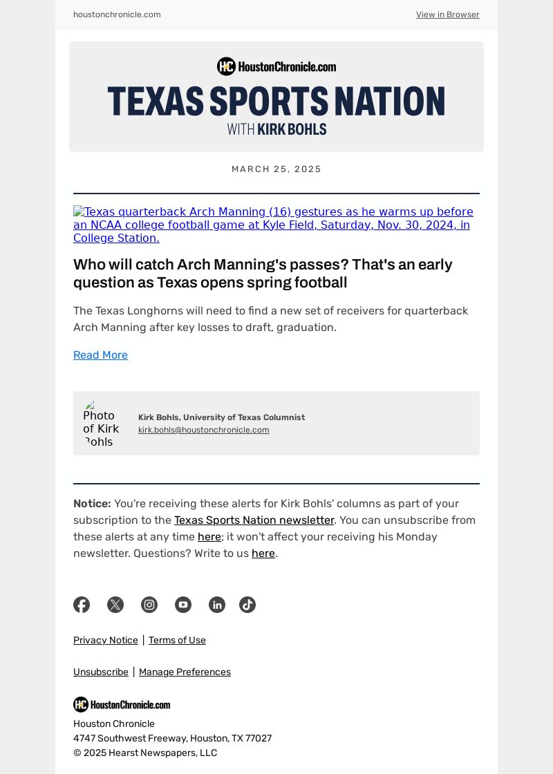 Who will catch Arch Manning's passes? That's an early | Emails Nest