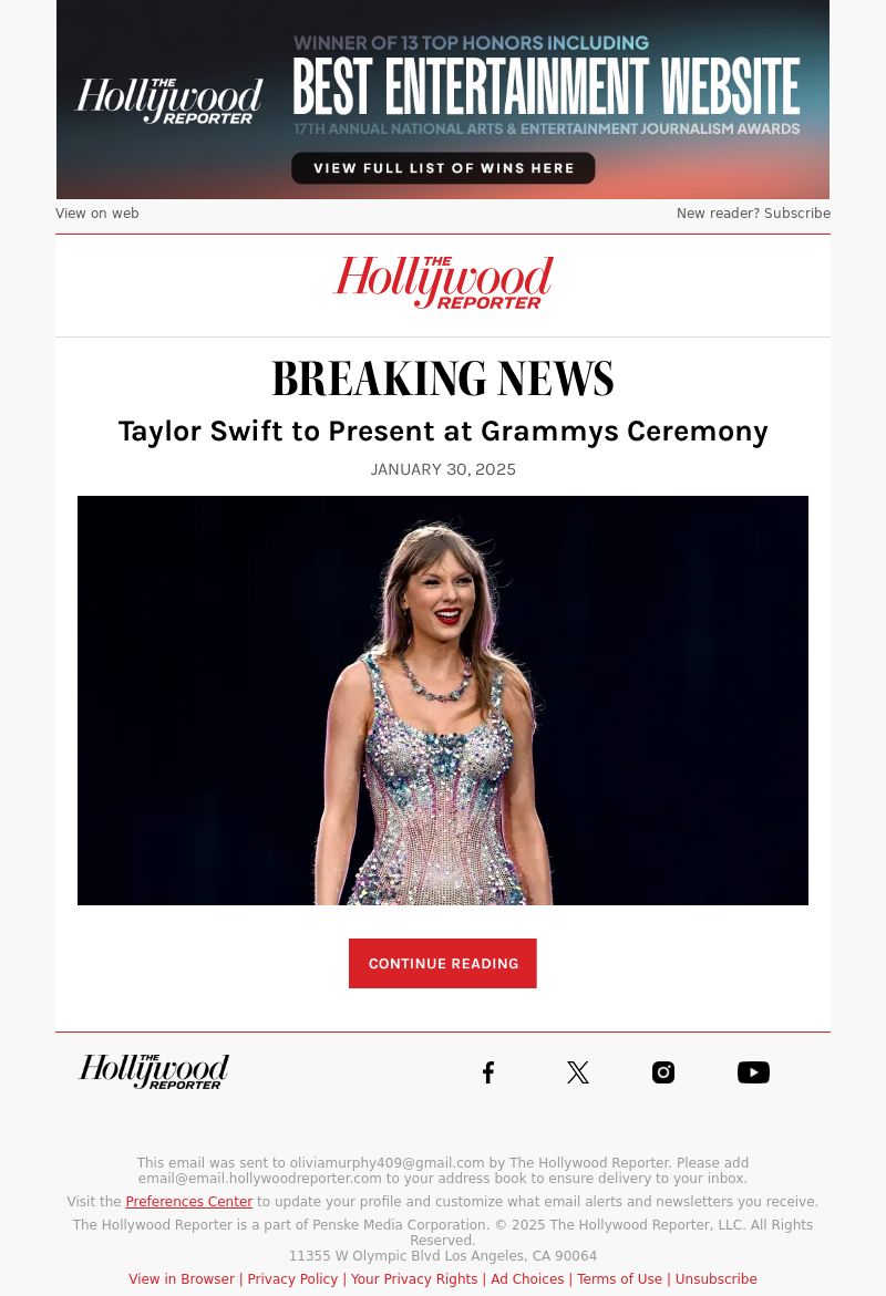 Taylor Swift to Present at Grammys Ceremony - THR | Emails Nest